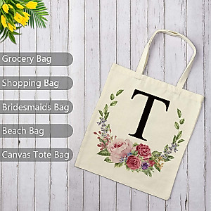 Personalized Floral Initial Tote Bags for women Canvas Tote Bags Reusable Grocery Shopping Bags for Bridesmaids Wedding Bachelorette Birthday Party Large Book Tote Gift Bags Eco - Friendly (Letter L)