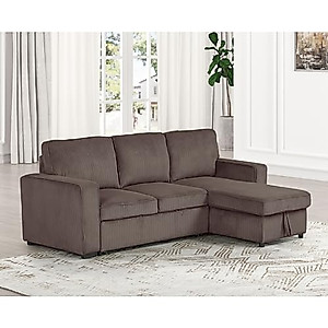 Furniture of America Denoon Modern Corduroy Sectional Sleeper Sofa with Pull Out Bed and Storage Chaise, Modular L Shaped Couch, Convertible Sofabed, Comfy Couches for Living Room, Bedroom, Brown