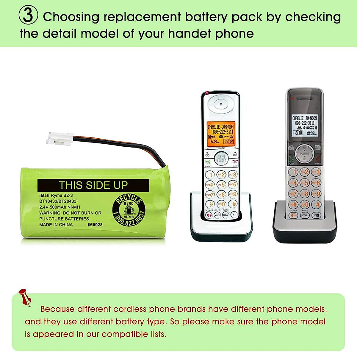 iMah BT18433/BT28433 2.4V 500mAh Ni-MH Cordless Phone Battery, Also Compatible with AT&T BT184342/BT284342 BT8300 BT1011 BT1018 BT1022 BT1031 2SN-AAA55H-S-J1 CS6120 CS6209 CL80109 EL52419, 2-Pack