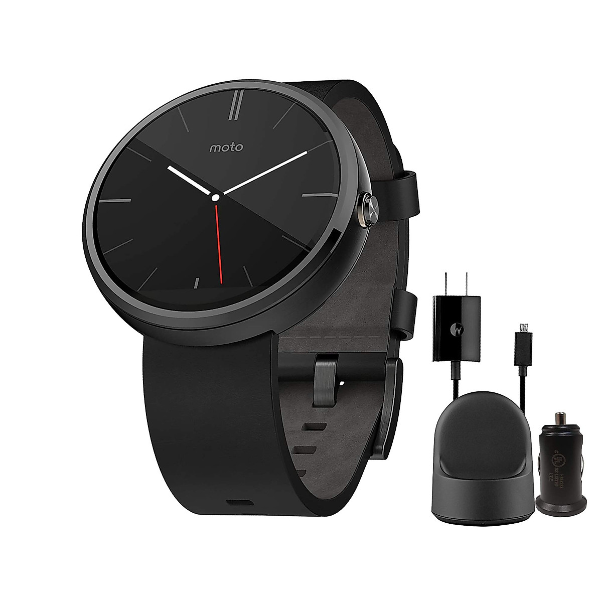 Motorola Moto 360 Timepiece Smart Watch - 1st Gen - Black Leather for Android Smart Phone - with Wall/Car Charger Dock (Renewed)