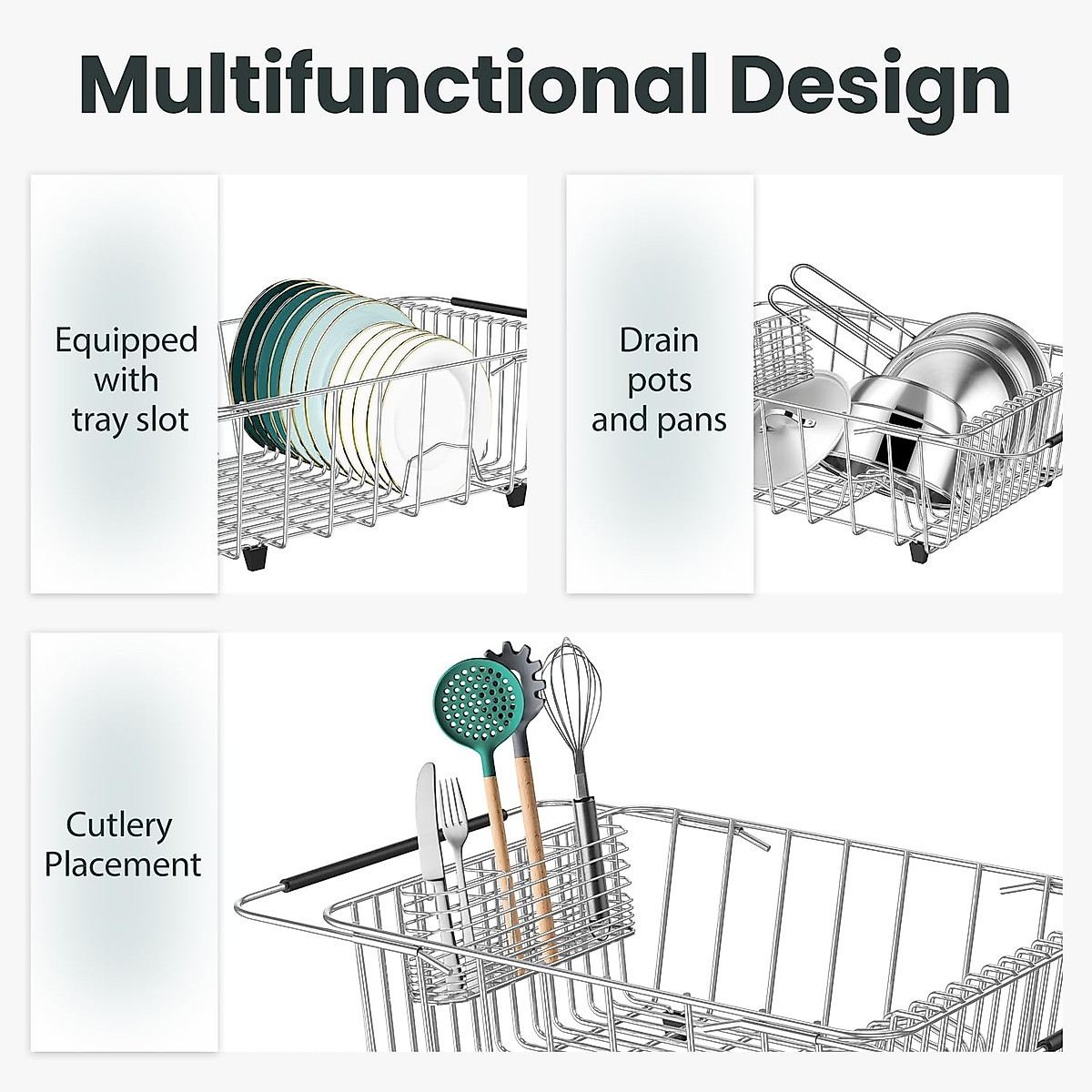 ESBOLM Dish Drainers for Inside Sink - Adjustable Over Sink Stainless Steel Dish Rack,Expandable 15.1" to 21.28" Dish Drying Rack,with Utensil Holder-X-Large(for 3-6 People)