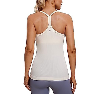 CRZ YOGA Seamless Workout Tank Tops for Women Racerback Athletic Camisole Sports Shirts with Built in Bra White Apricot Medium