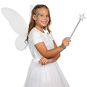 Funcredible Fairy Costume Accessories - White Fairy Wings and Fairy Star Wand, Glitter - Tooth Fairy Cosplay Outfit for Women and Girls