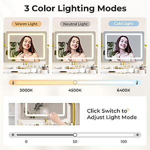 Hasuit Large Vanity Desk with Mirror and Lights,68.9'' Long Makeup Dressing Vanity Table with Charging Station, 8 Drawers, Vanity Mirror 3 Lighting Modes Adjustable, White