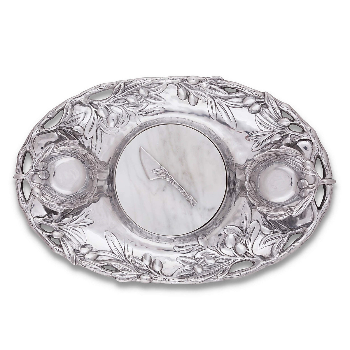 Arthur Court Sand-Cast Aluminum Olive Pattern 5 Piece Entertainment Tray 2 Serving Bowls, Tray, Spread, Marble 20 inch x 13 inch