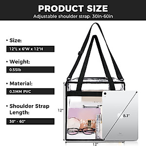 BAGAIL Clear bags Stadium Approved Clear Tote Bag with Zipper Closure Crossbody Messenger Shoulder Bag with Adjustable Strap(12 Inch X 12 Inch X 6 Inch,Black)