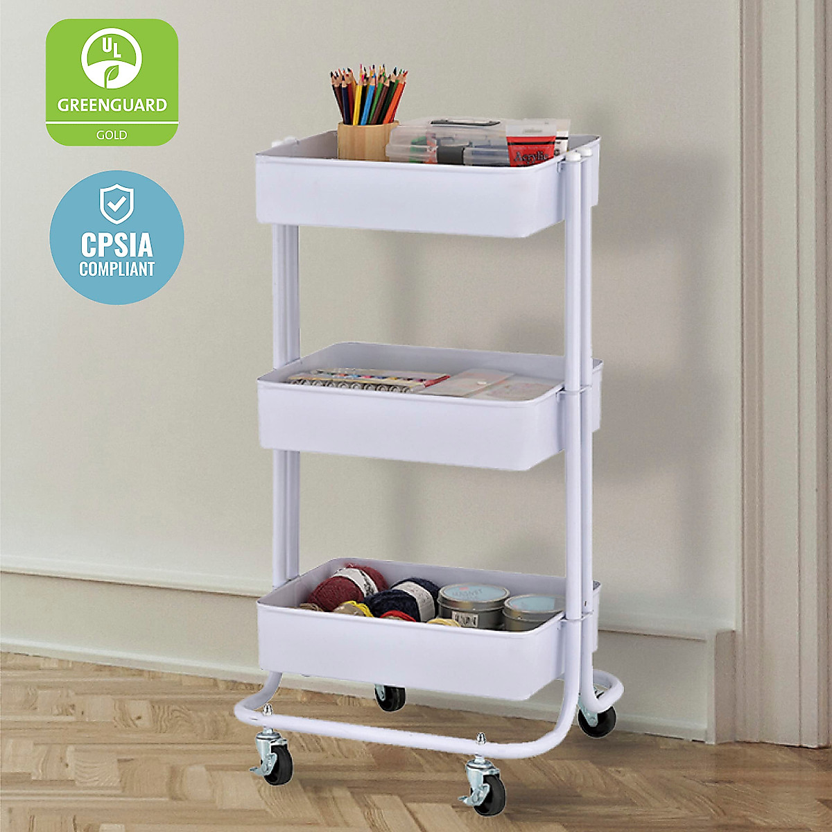 ECR4Kids 3-Tier Metal Rolling Utility Cart, Multipurpose Storage, White