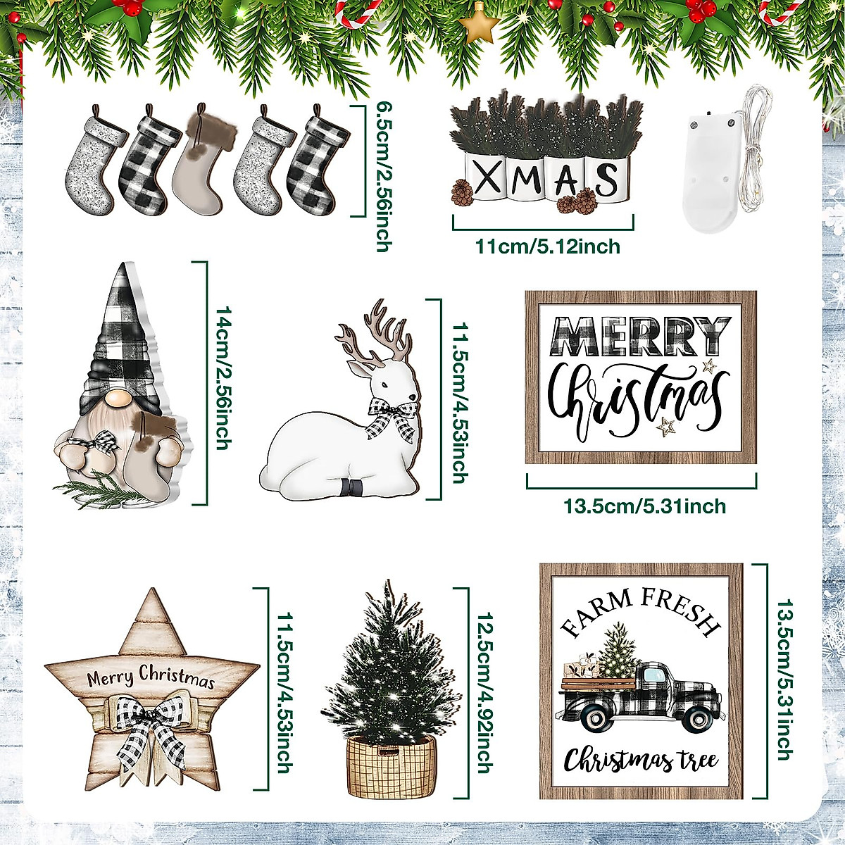 FairySandy 13 Pcs Christmas Tiered Tray Decor Set Xmas Black and White Plaid Gnome Wooden Tabletop Signs Elk Gnome Truck Rustic Farmhouse Winter Decorative Trays Cozy Christmas Decor for Home Kitchen