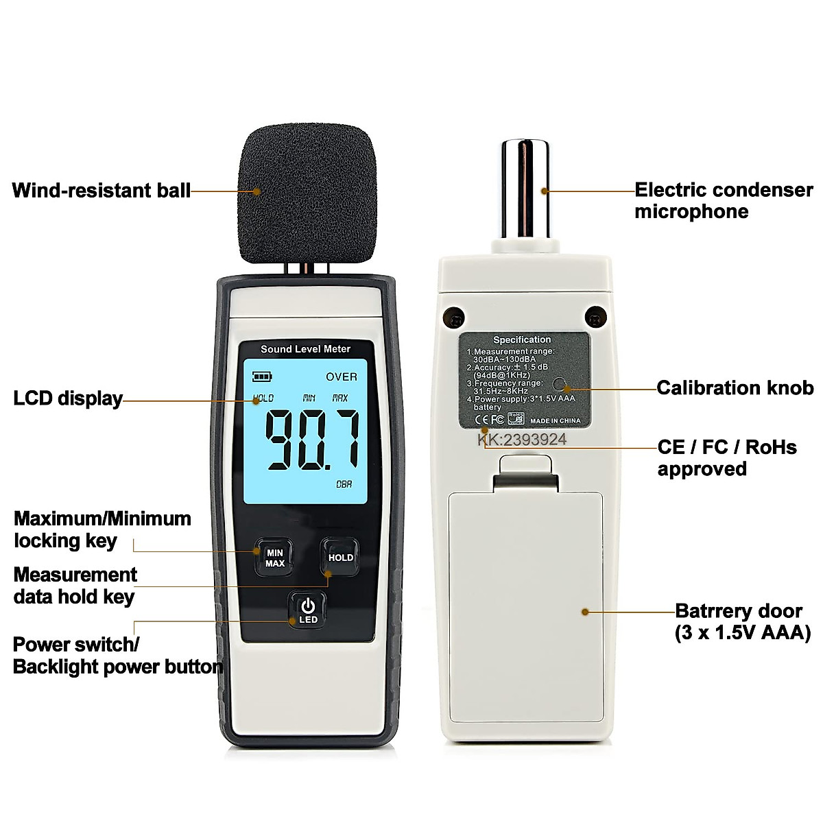 XinJiaYi Decibel Meter, Portable SPL Meter (Sound Pressure Level Meter), Digital Noise Meter, Range 30-130 dB(A) db Meter, Noise Volume Sound Monitoring Tester (Battery Included) Gray