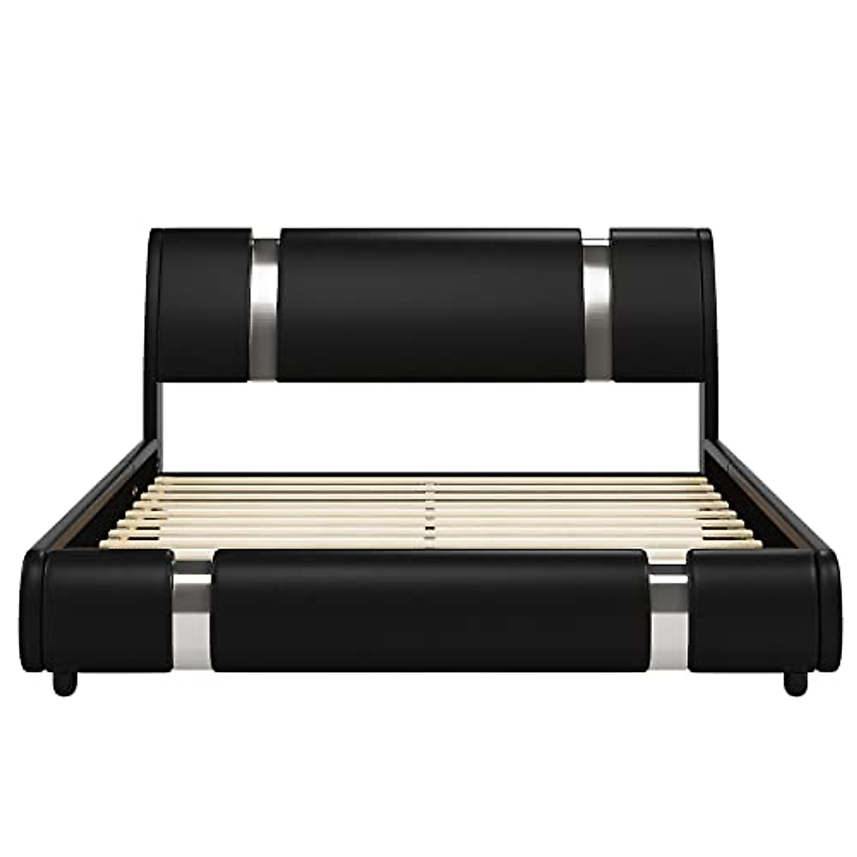TTVIEW Modern Faux Leather Upholstered Platform Bed Frame with Iron Metal Decor, Adjustable Curved Headboard, Wooden Slats Support, No Box Spring Needed, Queen Size, Black