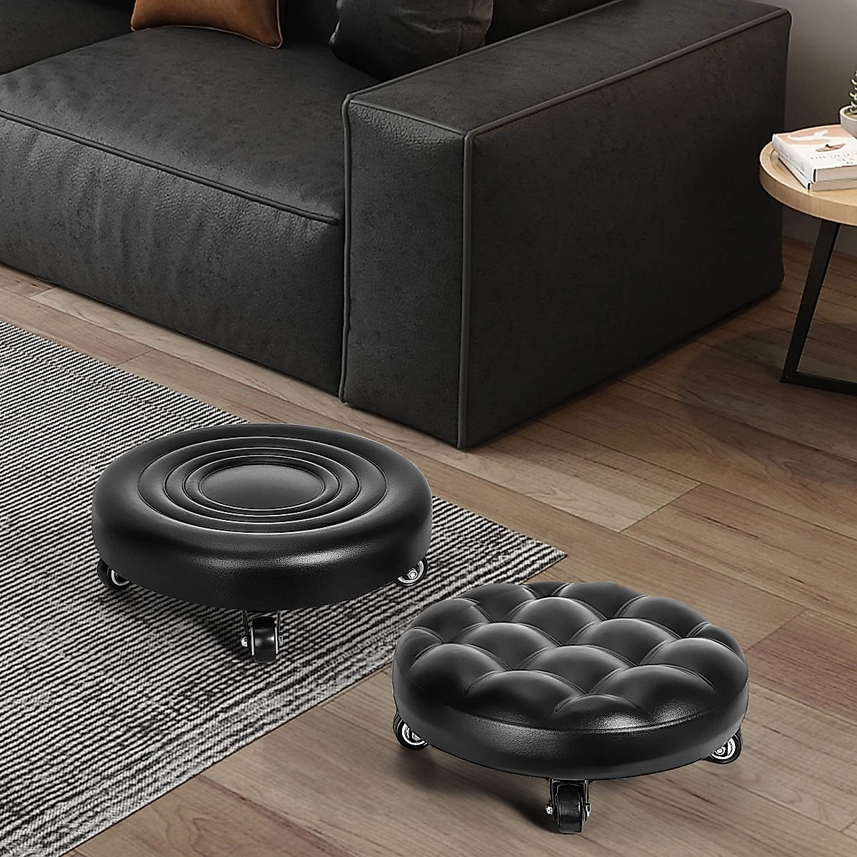 Low Height Rolling Stool with 360°Swivel Caster, Low Roller Seat Wheel Stool Chair, PU Leather Rolling Stool Heavy-Duty and Sturdy, Movable Mini Stool for Home Office Garage Shop Fitness Sport