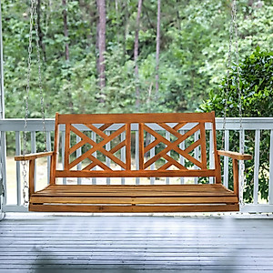 VINGLI 3-Seater Wooden Porch Swing, Heavy Duty Porch Bench Swing with 4FT Hanging Chains, Acacia Waterproof Porch Swing for Garden, Patio, Balcony, Backyard, Natural