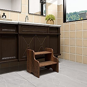 CONSDAN 2 Tier Step Stool, USA Grown Solid Hardwood Oak, Wooden Step Stool for Adults Kids Seniors, Bathroom Kitchen Toilet Living Room Bedroom Helper Stool (Chocolate Color)