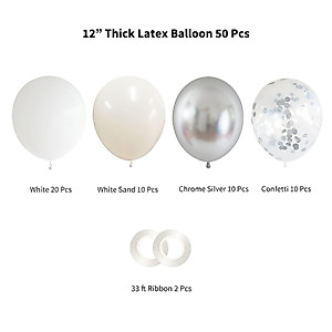 ANSOMO White and Silver Latex Balloons Party Decorations 12 Inch 50 Pcs White Sand Beige Metallic Silver Confetti Wedding Birthday Bridal Baby Shower Winter Christmas Bachelorette Décor Supplies