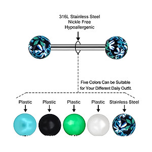 COCHARM Black Green Flower Tongue Rings 14g Unique Floral Tongue Barbells Pearl Tongue Bar Tongue Piercing Jewelry Hypoallergenic