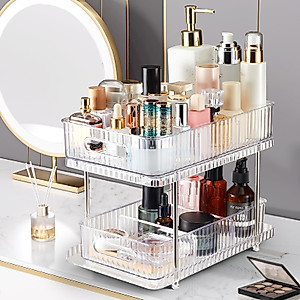 Flytreal 2 Tier Vanity Makeup Perfume Organizer Tray, Bathroom Counter Organizers and Storage, Clear Skincare Cosmetic Holder, Multi-Purpose Under Kitchen Sink Medicine Cabinet Pull Out Organizer