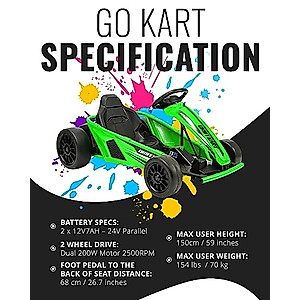 Hyper 24V Ride-On Electric Go Kart for Kids 8-14 Years, 3-Speed Setting with Drift Kart Mode, Foot Accelerated Pedal, Up to 9MPH Speed, 154 Lbs Max Weight, Ergonomic Seat & Sturdy Steel Frame, Green