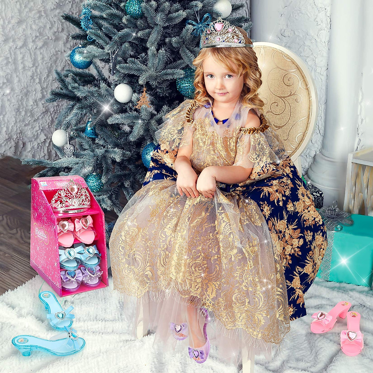 Mastom Girls Play Set! Fashion Princess Dress Up Shoes and Tiara (3 Pairs of Shoes + 1 Tiara) Role Play Collection for Little Girls