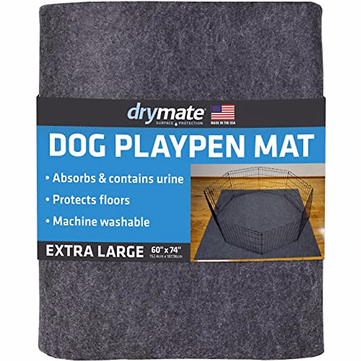 Drymate Dog Playpen Mat, Absorbent, Waterproof, Non-Slip, Machine Washable, XL Size (60” x 74”), Reusable Puppy Pad for Training, Whelping, Housebreaking, Incontinence, and Crate/Kennel (USA Made)