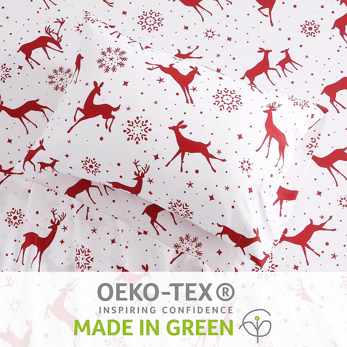 CAROMIO Christmas Sheets Twin, Soft Brushed Microfiber Bed Sheet Set, 16 Inches Deep Pocket Fitted Sheet Winter Holiday Sheets Set (Red Reindeer, Twin)