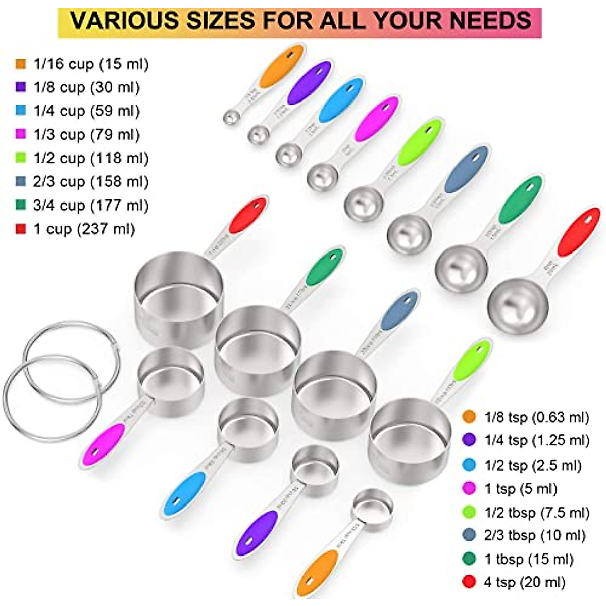 Measuring Cups & Spoons Set of 16, Wildone Premium Stainless Steel Measuring Cups and Measuring Spoons with Colored Silicone Handle, Including 8 Nesting Cups, 8 Spoons, for Dry and Liquid Ingredient