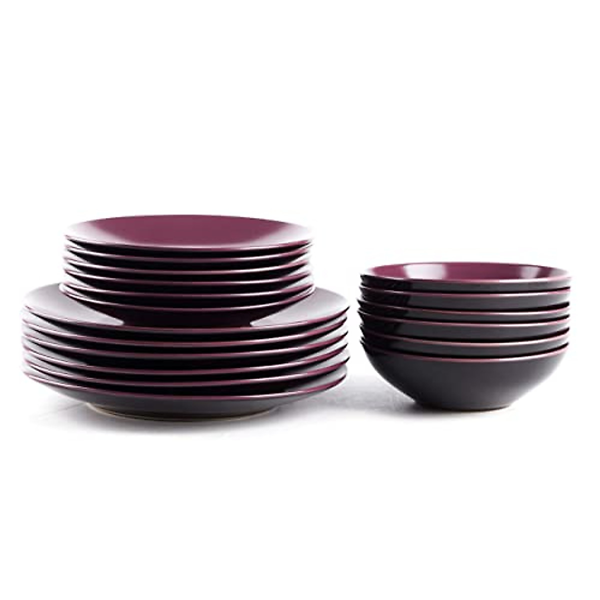 HomeVss Stoneware Two-Tone Colors Life 18pc Dinner Set，Outside Shiny Black + Inside Matte Glaze Plum