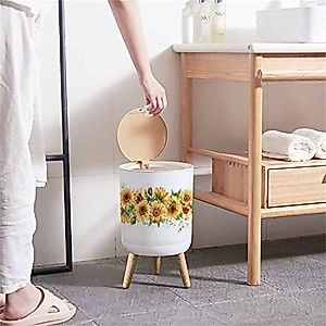 Small Trash Can with Lid Sunflower Seamless Watercolor Horizontal Border Yellow Rural Flowers Round Recycle Bin Press Top Dog Proof Wastebasket for Kitchen Bathroom Bedroom Office 7L/1.8 Gallon