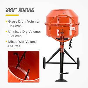 TABU 5 Cu Ft Electric Concrete Cement Mixer, 4/5HP Mortar Mixing for Stucco/Seeds, Portable Wheelbarrow Machine(Orange)