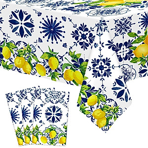Nefelibata Lemon Tablecloth Birthday Party Decorations 3PCS Disposable Blue Tile Plastic Table Covers for Bridal Baby Showers Kitchen for Summer Spring Italian Themed Party Supplies 42 * 88 Inches