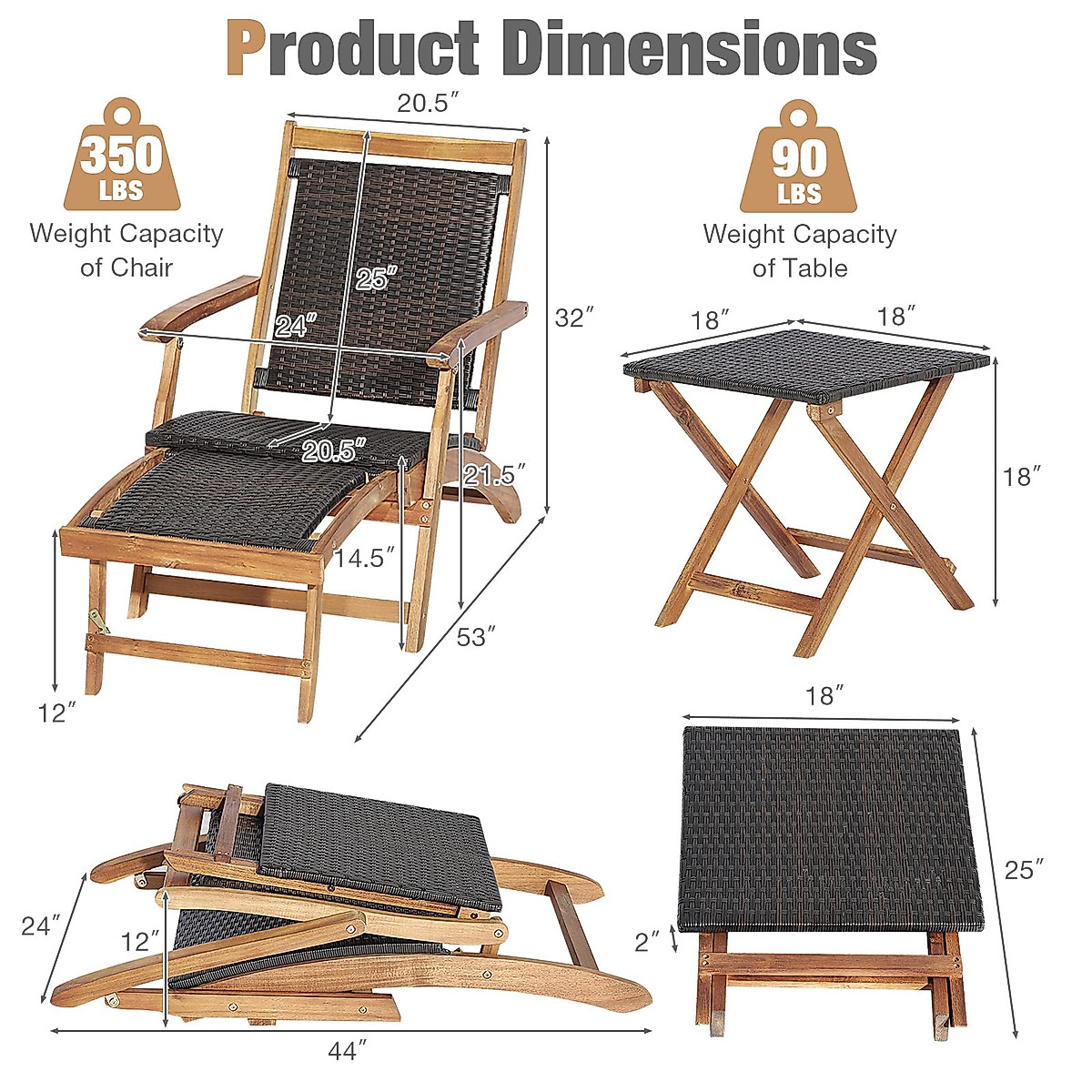 RELAX4LIFE Patio Lounge Chair Set - Outdoor Acacia Wood Chaise Lounge w/Side Table, Armrest & Retractable Ottoman, Rattan Seat, Tabletop, Quick Folding Sunbathing Chair for Backyard, Poolside (2)