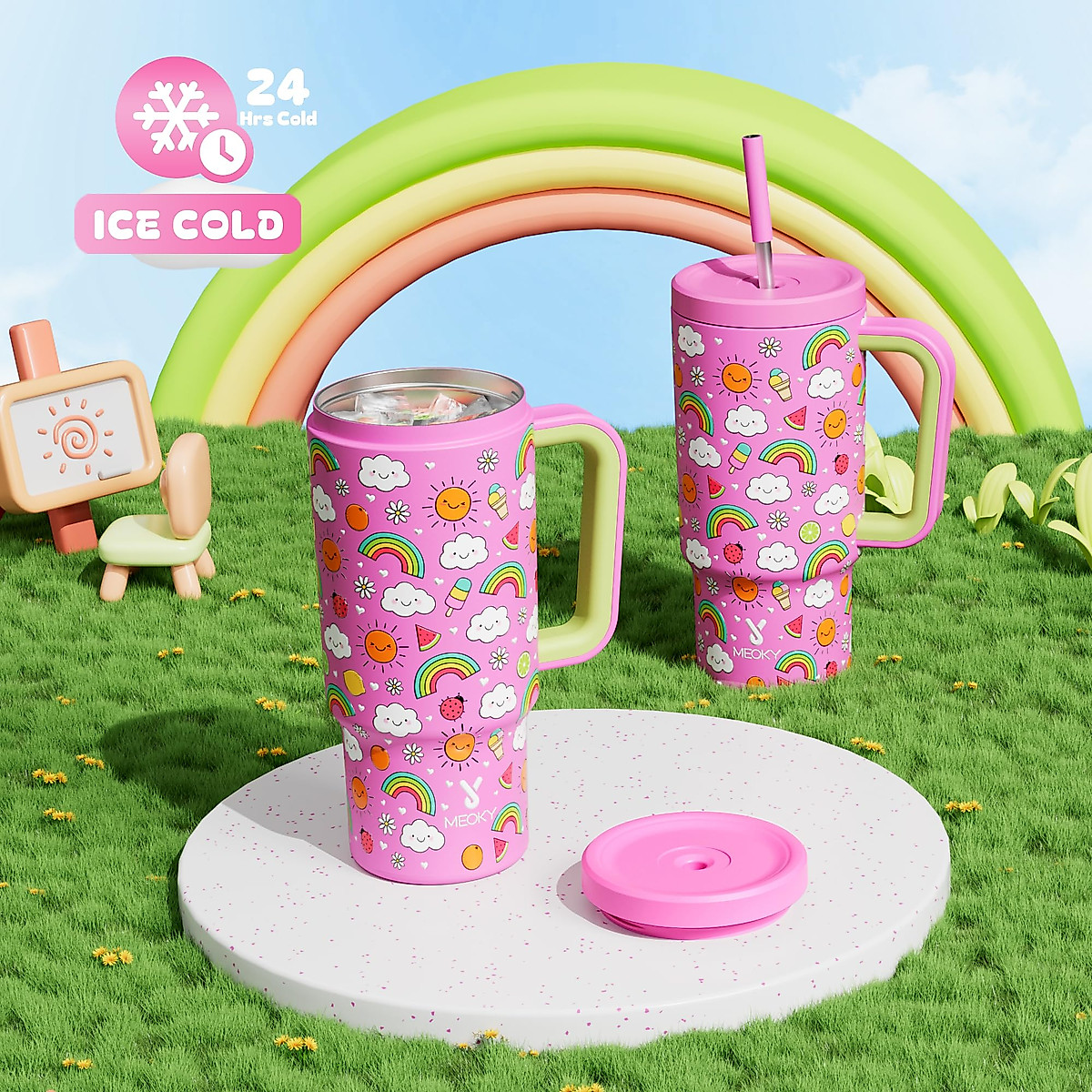 Meoky Kids Tumbler with Handle for Drinks: 24 oz Insulated Toddler Tumbler with Lid and Straw - Keeps Cold for 24 hours - Stainless Steel Travel Mug BPA-Free for School Trip - Girls Students, Cloud