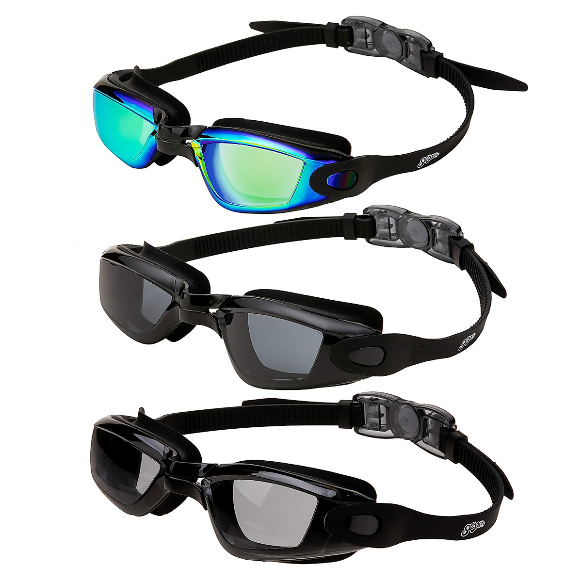Sloosh Swim Goggles (3 Packs), Swimming Goggles for Adult Men Women Teens Youth (Aqua, Black, Dark Black)