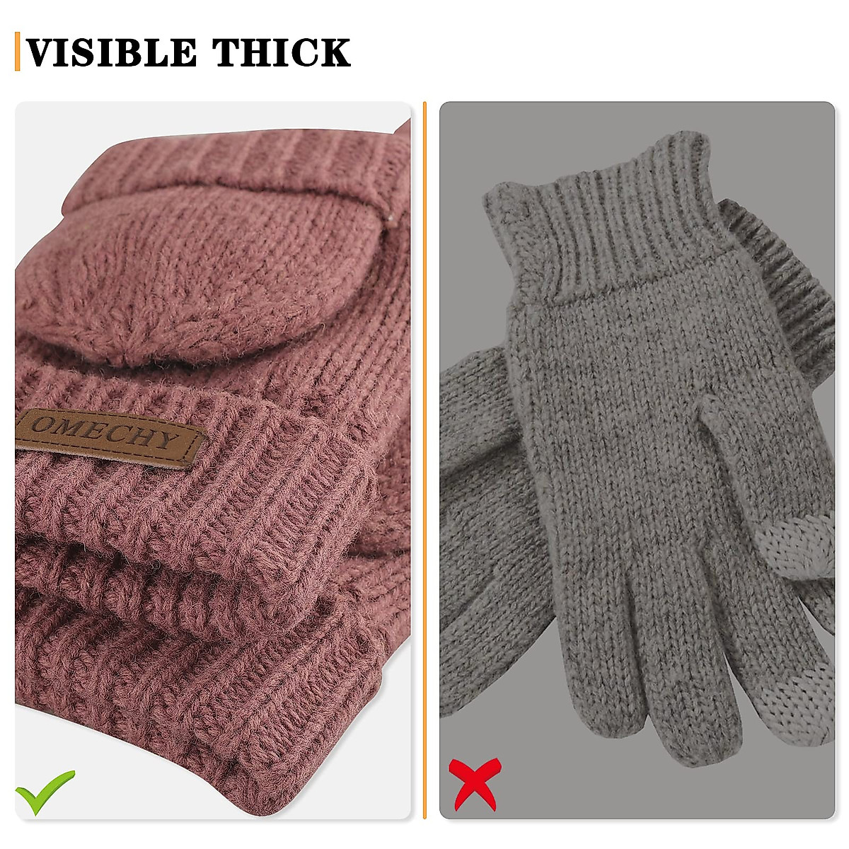 OMECHY Winter Wool Knitted Fingerless Gloves Thermal Insulation Warm Convertible Mittens Flap Cover for Men Women