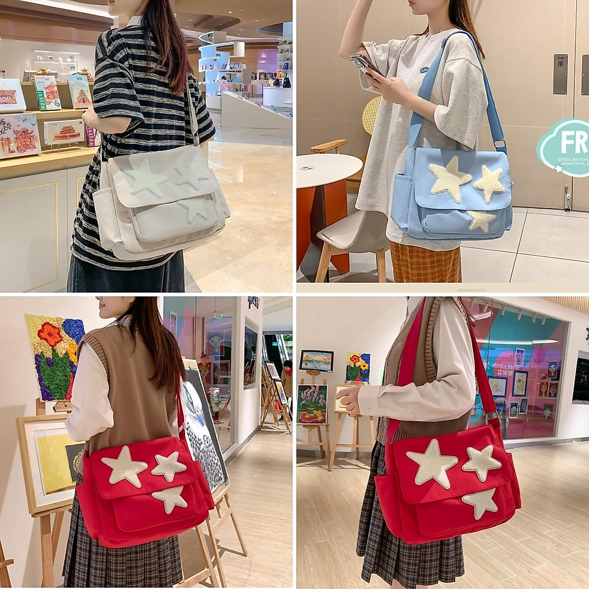 Glittery Star Pattern Y2K Messenger Bag, Stylish Spacious Aesthetic Tote for Travel, Work, and Shopping, Canvas Star Crossbody Hobo Bag (Black)