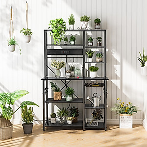 SUPERJARE Large Bakers Rack with Power Outlets, 6-Tier Microwave Stand, Coffee Bar with 12 S-Shaped Hooks, Kitchen Shelf with Wire Basket, 39.3 x 15.5 x 66.9 Inches, Black