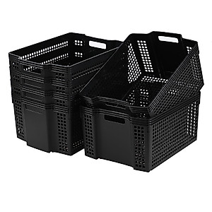 Eagrye Set of 12 Black Plastic Storage Basket for Pantry Organizing, Plastic Stackable Storage Basket for Shelf