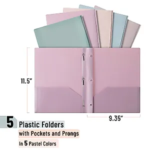Mr. Pen Plastic Folders with Pockets and Prongs, 5 Pack, Muted Pastel Colors, Letter (8.5" x 11") - 5 Pack, Pink