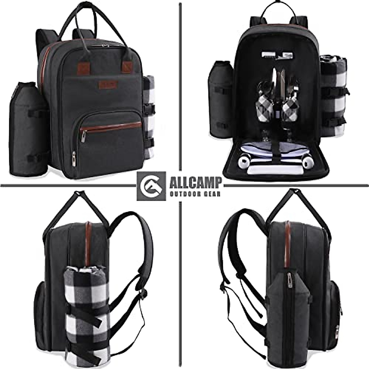 ALLCAMP OUTDOOR GEAR Picnic Backpack for 2 Person Set W/Detachable Bottle/Wine Holder, Fleece Blanket, Plates and Cutlery Set (Black)