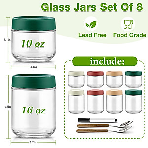 Qipecedm 8 Pack Overnight Oats Containers with Lids, Large & Small Glass Mason Jars 16oz & 10 oz, Breakfast Oatmeal Container to Go, Salad Meal Prep Jars for Food Storage, Mush Chia Seed Pudding Jars