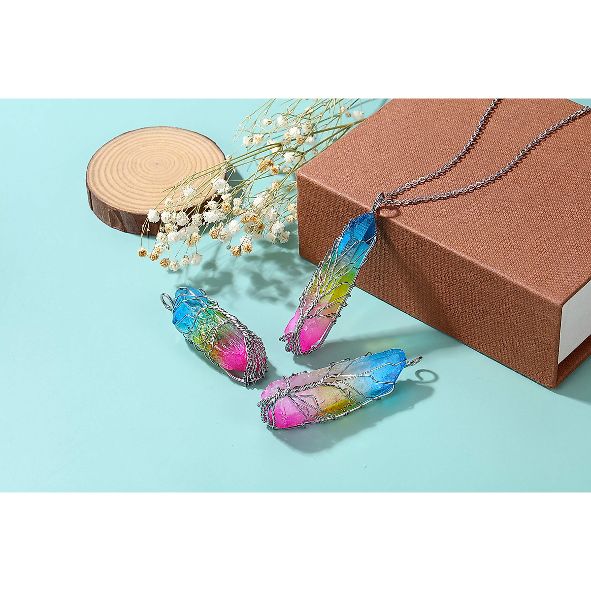 VadiForest 2pcs Chakra Tree of Life Quartz Crystal Pendant Necklace Natural Gemstone Reiki Healing Stone Necklaces Handmade Wire Wrap Raw Rock Charm Jewelry Gift for Yoga Meditation Good Energy Women