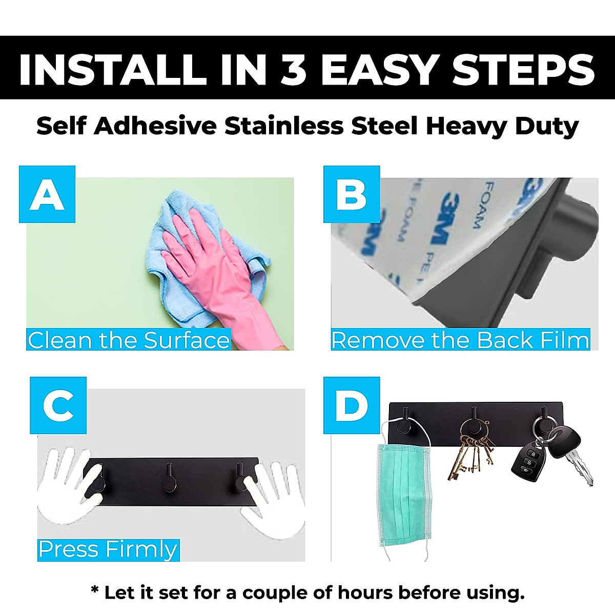 Key Hooks for Wall, Key Holder for Wall Decorative with 3 Key Hooks, Coat Hanger, Purse Hanger, Towel Hook, Easy Mount Key Hangers for Wall, Entryway, Bathroom, Living Room, Kitchen