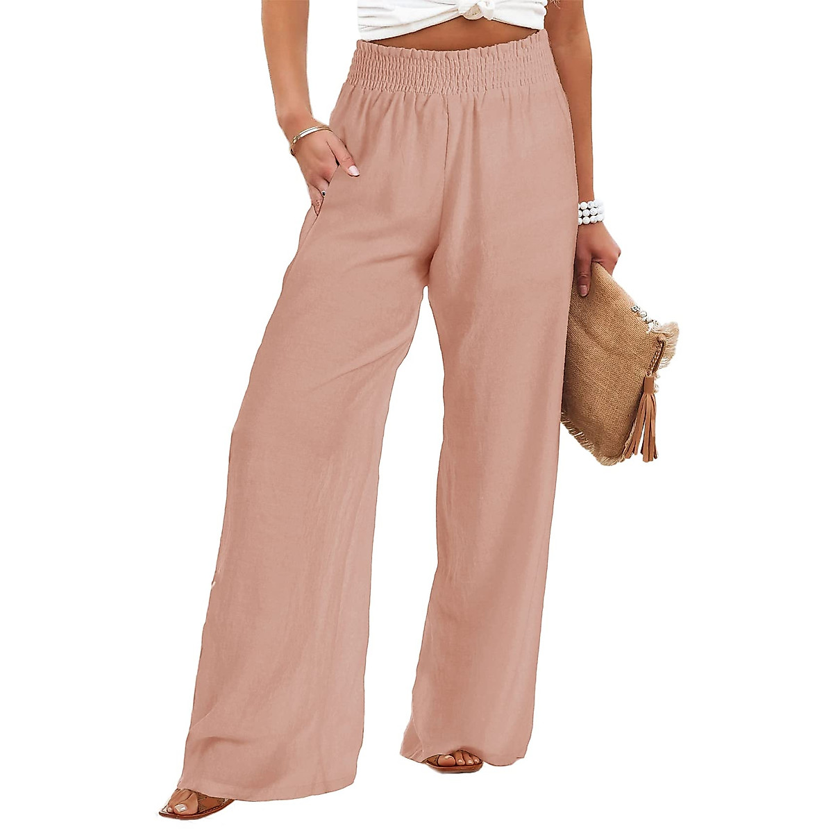 GIFTIME Beach Pants for Women - Smocked Lightweight Summer Flowy Pants for Women, Palazzo Pants for Women Dressy Casual, Wide Leg Pants for Women, High Waisted Pants for Women Latte XL