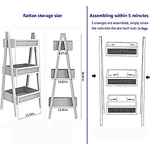 ZYBT Ladder Bookshelf, 3-Tier Rattan Bookshelf, Free Standing Bookcase, Blanket Ladder, Wood Organizer Storage Shelves for Living Room Bedroom Kitchen Bathroom Balcony and Home Office