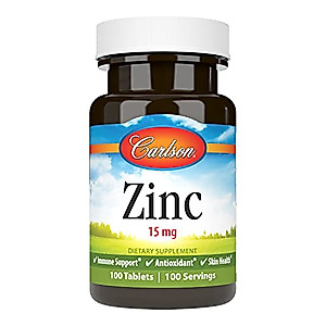 Carlson - Zinc, 15 mg, Zinc Supplement, Zinc Gluconate, Immune Support & Skin Health, Zinc Tablets, Antioxidant, Zinc Capsules, 100 Tablets