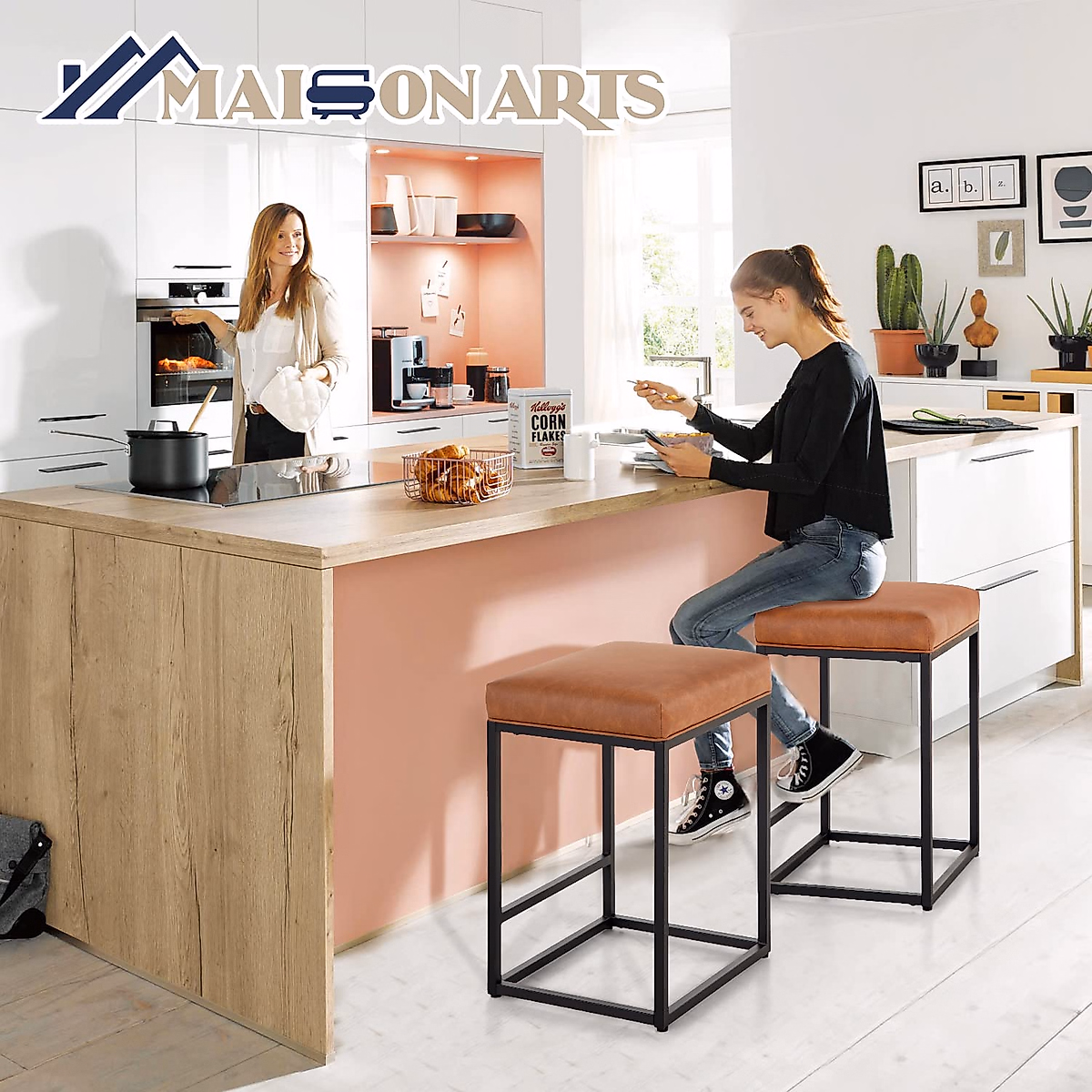 MAISON ARTS Counter Height Bar Stools Set of 3 for Kitchen Counter 24 Inch Backless Modern Barstools Industrial Upholstered Faux Leather Stools Farmhouse Island Chairs, Brown