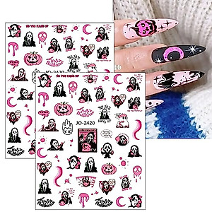 JMEOWIO 9 Sheets Halloween Nail Art Stickers Decals Self-Adhesive Pegatinas Uñas Pink Skull Ghost Witchy Spider Web Pumpkin Spook Nail Supplies Nail Art Design Decoration Accessories