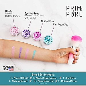 Prim and Pure Mineral Gift Set with Unicorn Mirror| Perfect for Play Dates & Birthday Parties | Kids Eyeshadow Makeup – Mineral Blush | Organic & Natural Makeup Kit for Kids| Made in USA (Pink)