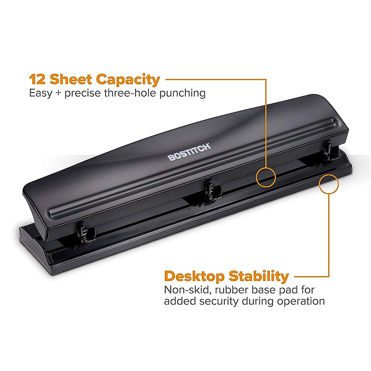 Bostitch Office 3 Hole Punch, Durable Metal,Rubber Base, 12 Sheets, Black (KT-HP12-BLK), 1 Pack