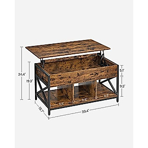 VASAGLE Lift Top Coffee Table for Living Room, Industrial Coffee Table with Hidden Compartments and Storage Shelf, Steel Frame, Rustic Brown and Black