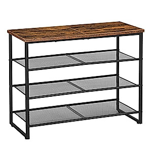HOOBRO 4 Tier Shoe Rack, Shoe Storage Organizer, Shoe Shelf with 3 Mesh Shelves, Hold 12-15 Pairs of Shoes, Wood Look Accent Furniture with Metal Frame, for Entryway, Living Room, Hallway BF64XJ01
